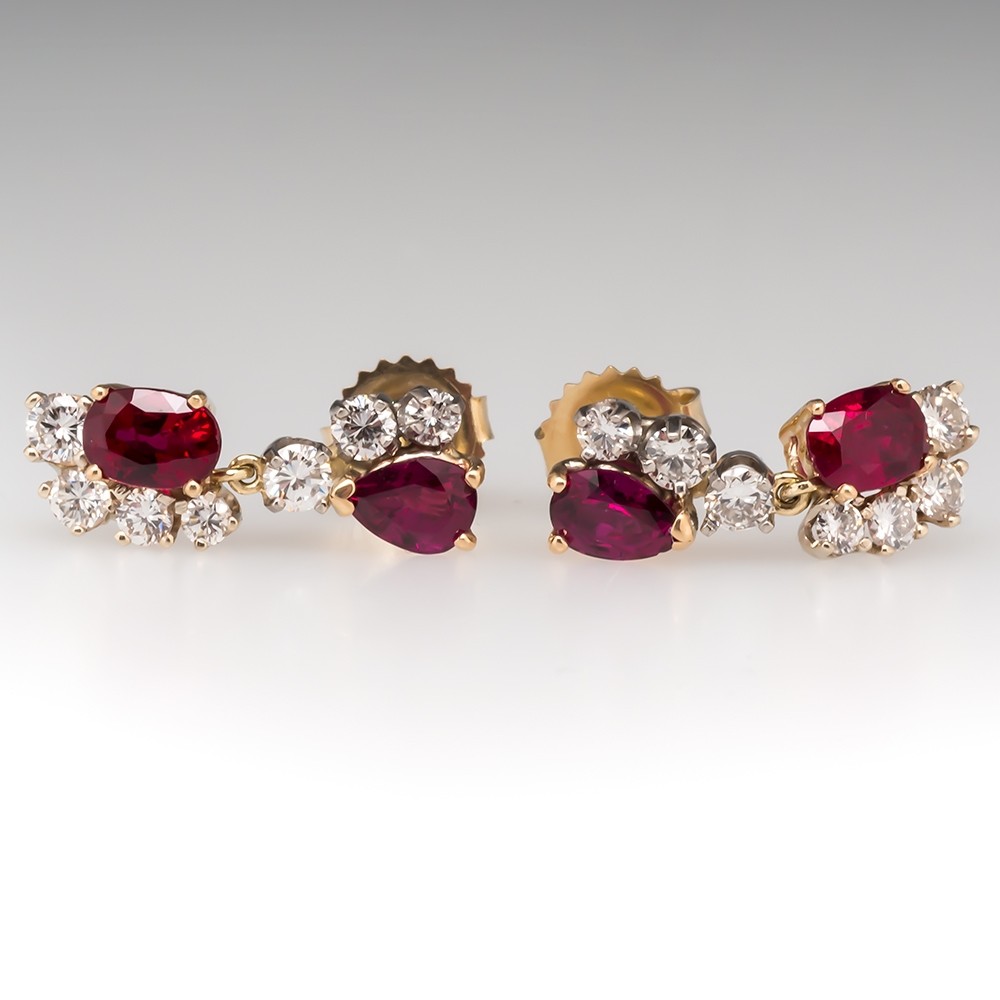 Beautiful Natural Ruby & Diamond Dangle Earrings 14K Gold