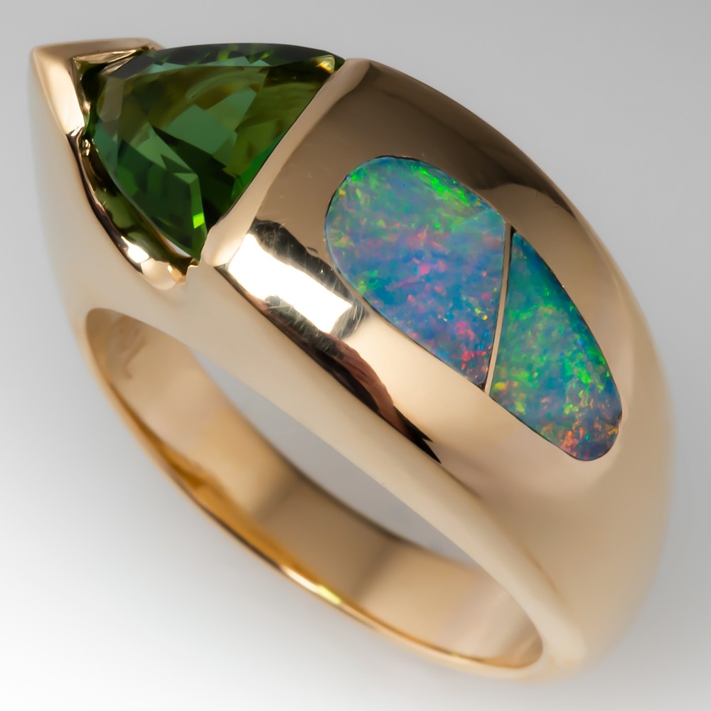 Triangle Peridot & Australian Opal Inlay Ring 14K Gold