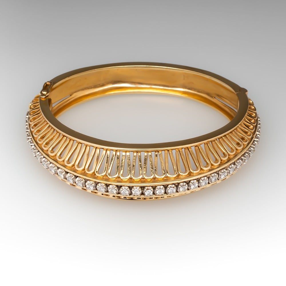 Large Diamond Openwork Hinged Bracelet 14K Gold 6.5-Inch