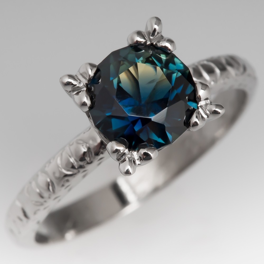 Rich Blue Green Sapphire Solitaire Engagement Ring 18K Antique Band